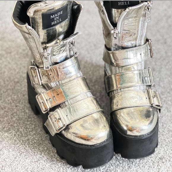Current Mood | Shoes | Silver Metallic Platform Combat Boot Rave ...